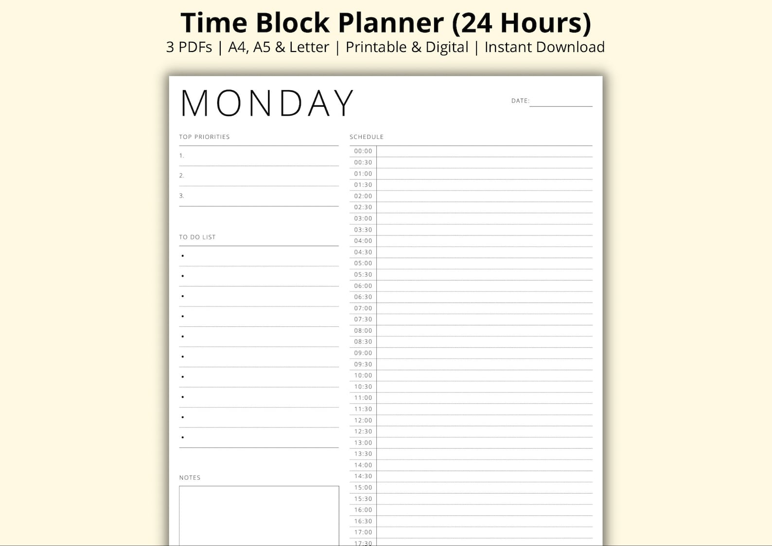 Time Block Planner Template, Daily Planner, 7 Day Planner, 24 Hour Schedule, Half Hour Interval ...