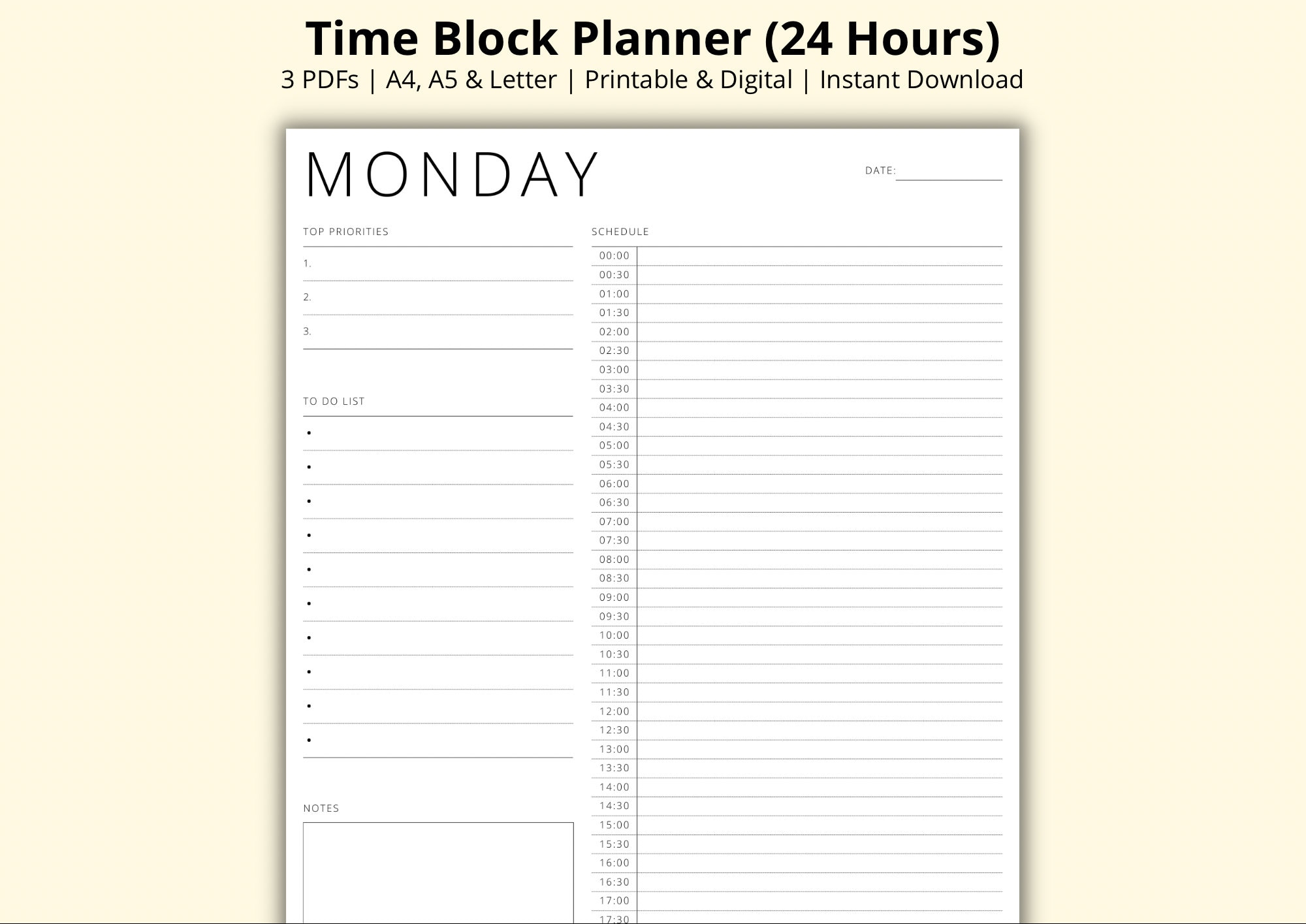 Time Block Planner Template, Daily Planner, 7 Day Planner, 24 Hour ...