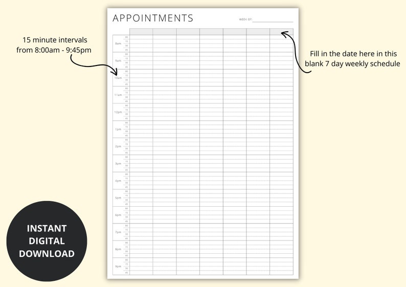 Appointment Planner, 15 Minute Planner, 7 Day Weekly Schedule ...