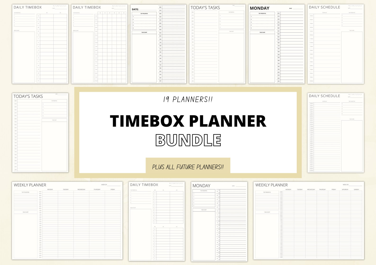 Timebox Planner Bundle - Time Boxing Templates, Brain Dump, Daily ...