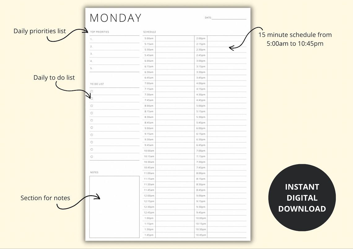 15 Minute Planner, Daily Time Block, Printable Appointment Sheet, 7 Day ...