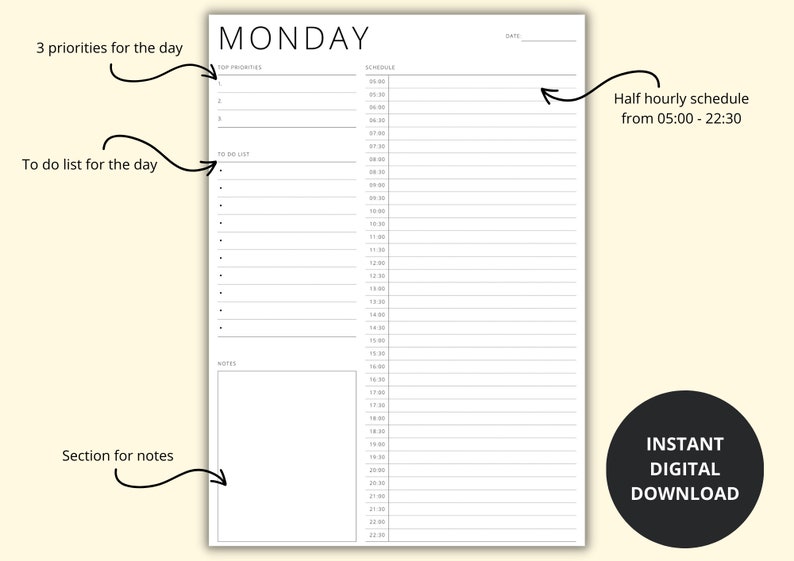 Daily Time Block Planner, 7 Day Planner Template, 30 Minute Day ...