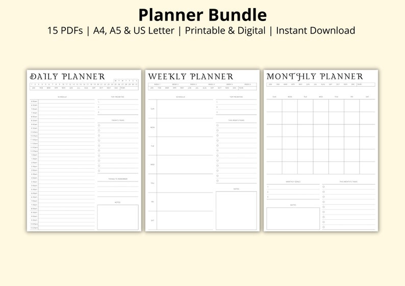 Planner Bundle Daily Weekly and Monthly Planner Templates, Productivity ...