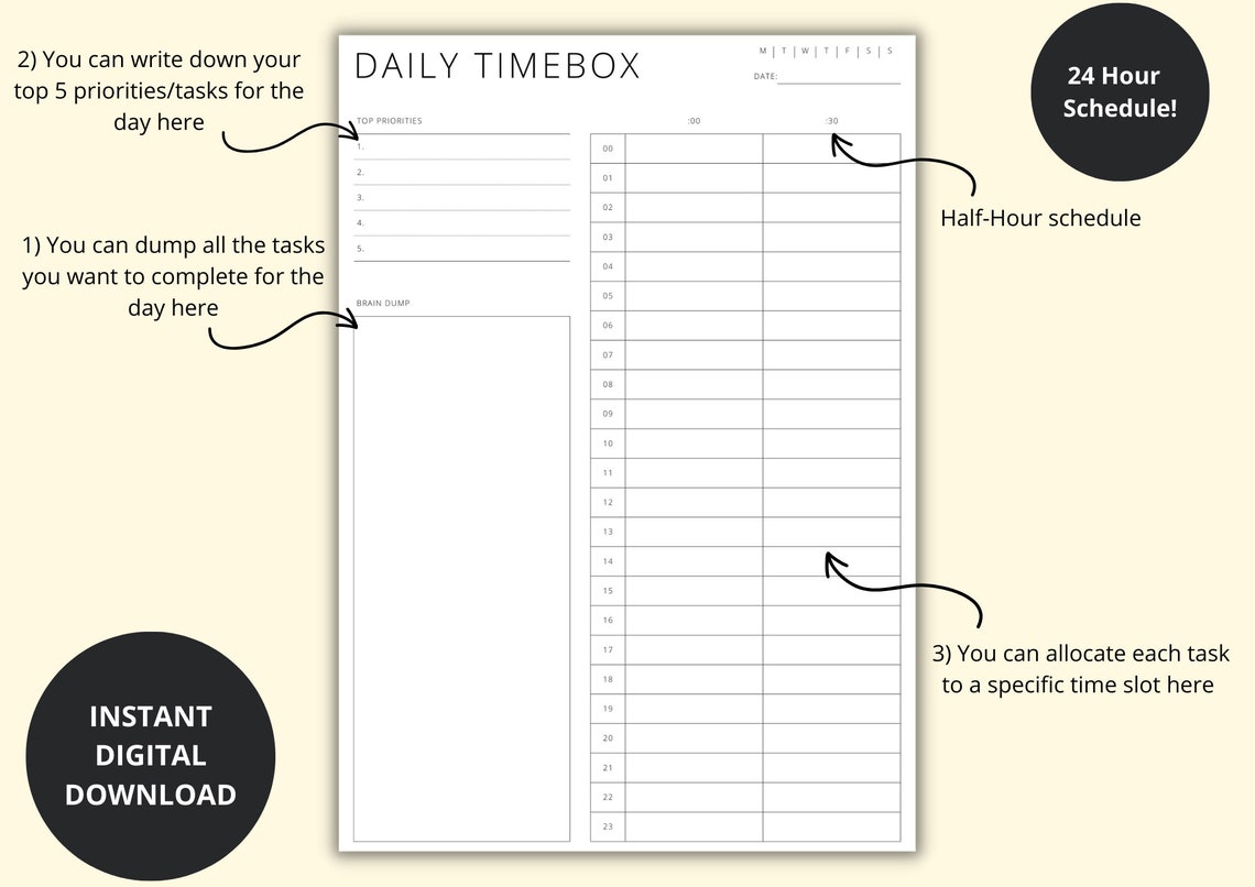 Timebox Template, 24 Hour Daily Schedule, Time Blocking, 30 Minute ...