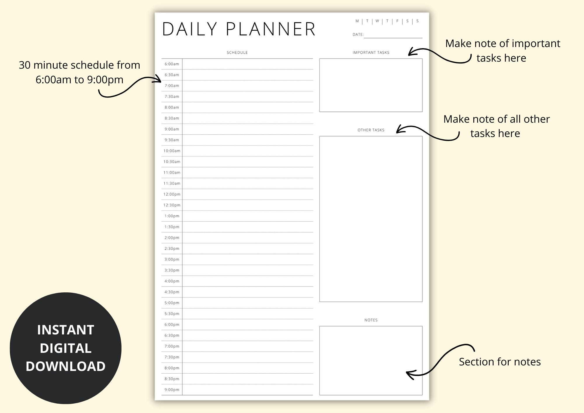 Daily Planner Printable, Time Blocking Planner Template, 30 Minute Day ...