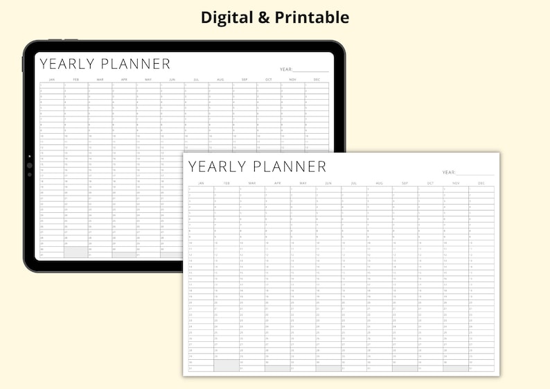 Yearly Planner, Year at a Glance, Blank Perpetual Calendar, 12 Month ...