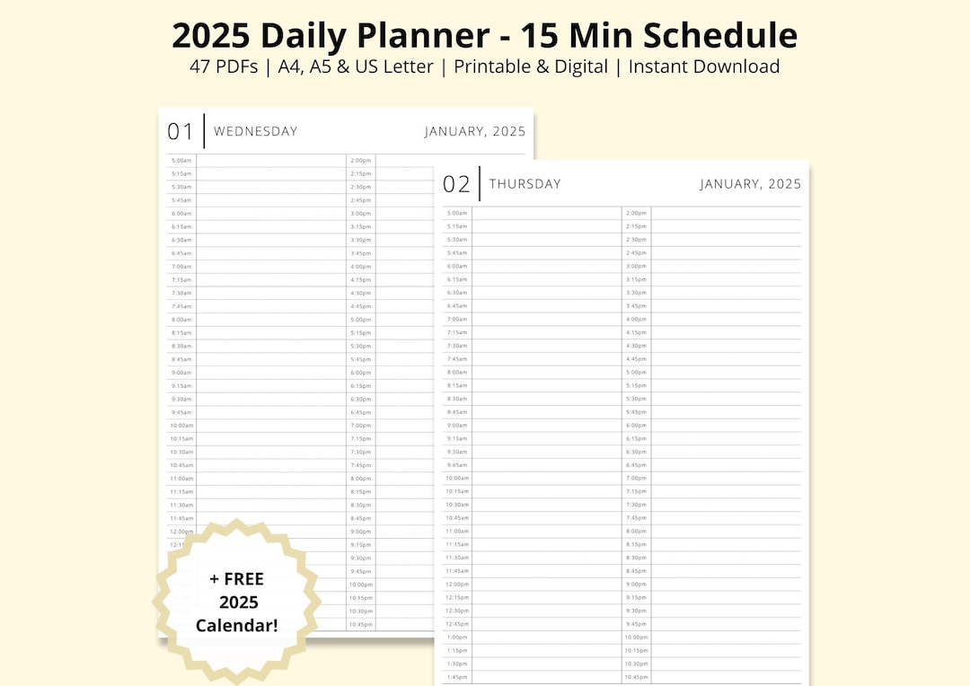 2025 Daily Planner, Dated 15 Minute Planner, 2025 Calendar Pages, Time ...