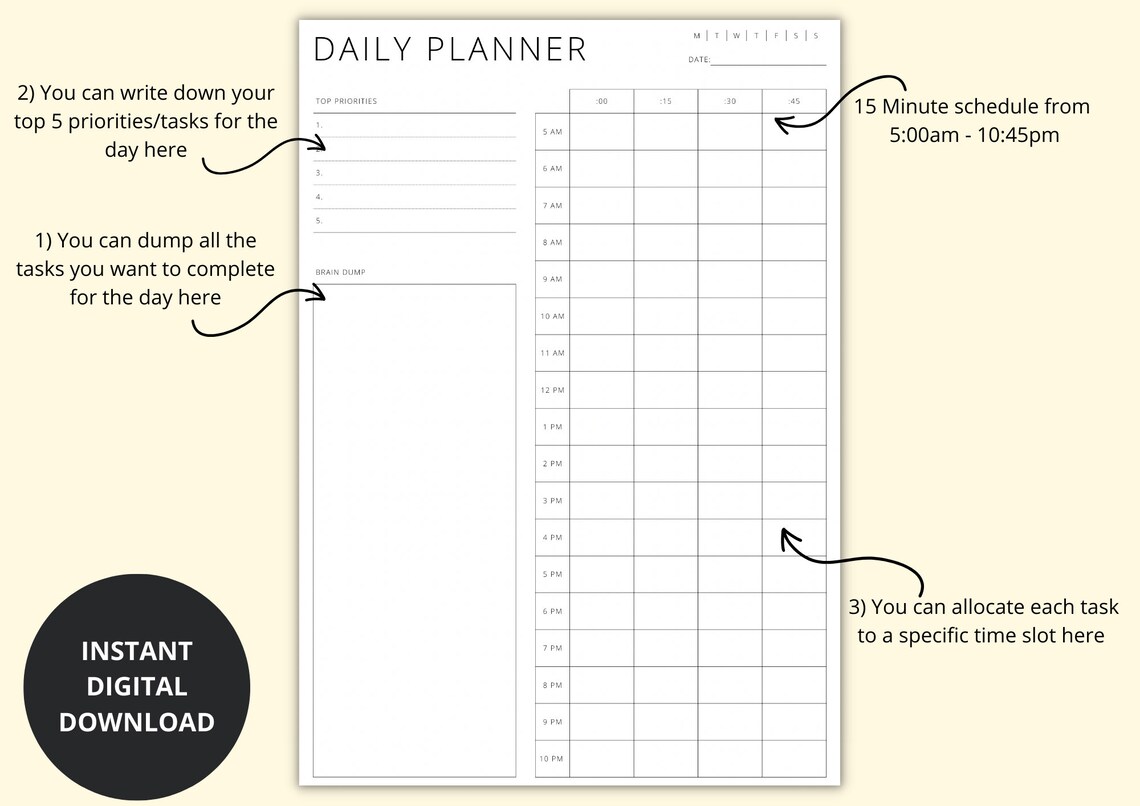 15 Minute Timebox Planner, Timeboxing Template, Daily Schedule, 15 ...