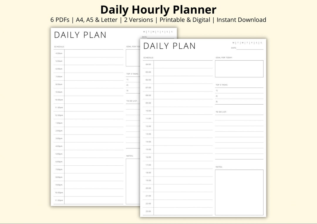 Daily Hourly Planner, Schedule Template, Time Blocking PDF, Daily ...