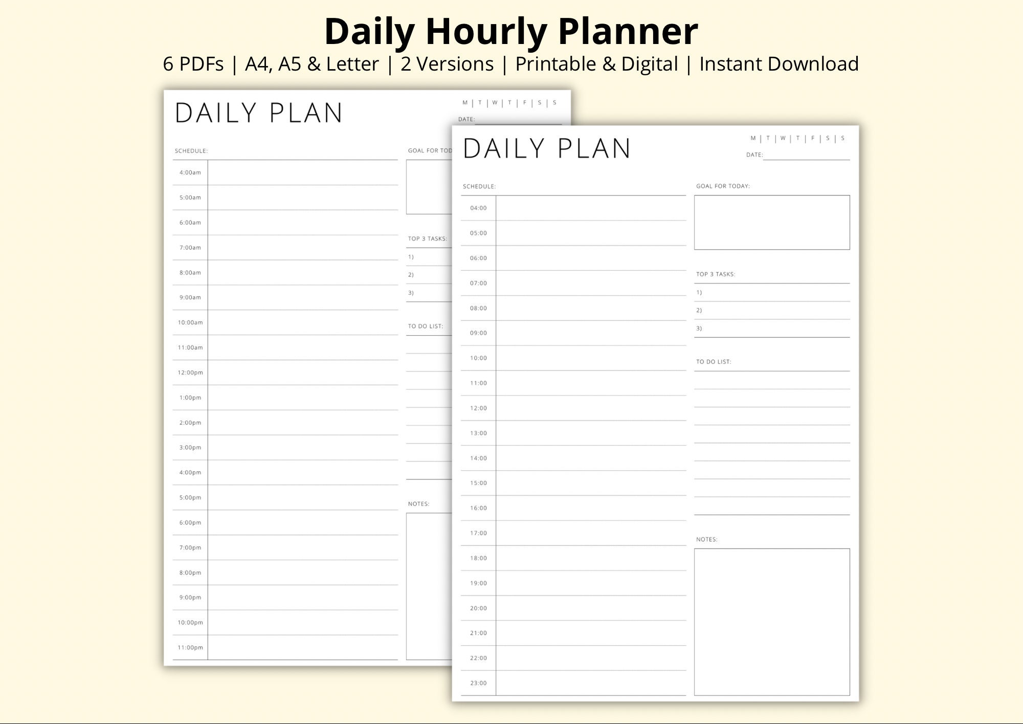 Daily Hourly Planner, Schedule Template, Time Blocking PDF, Daily ...