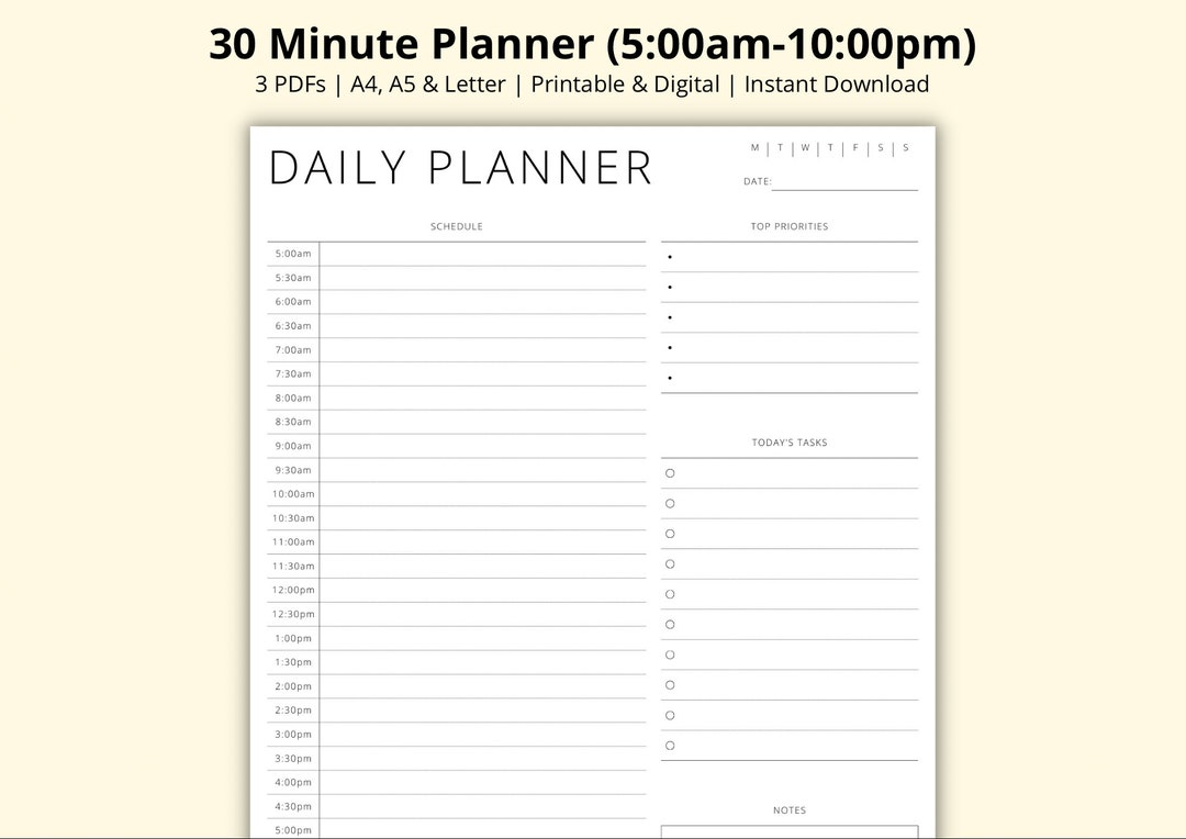 30 Minute Planner, Half Hour Schedule, Daily Planner, Time Blocking ...
