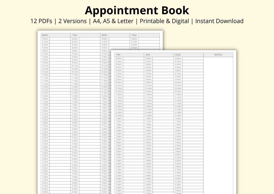 Appointment Book, 15 Minute Planner, Appointment Diary, Weekly ...