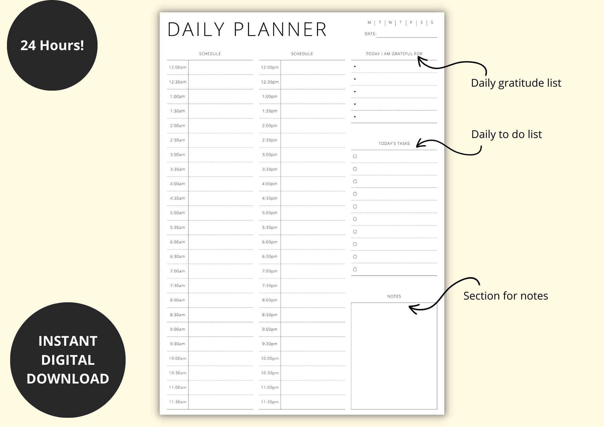24 Hour Planner, 30 Minute Intervals, Daily Planner, Time Blocking ...