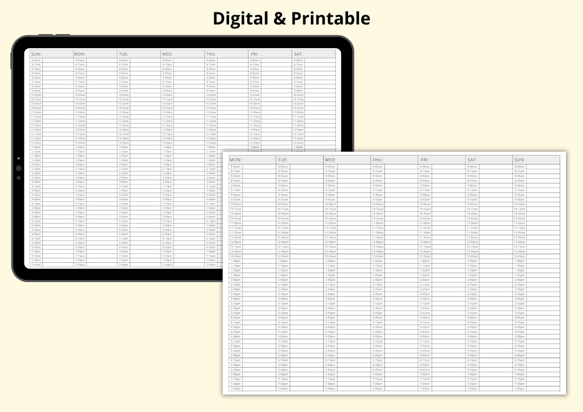 Appointment Book 15 Minute Increment, Weekly Planner Template, 7 Day ...