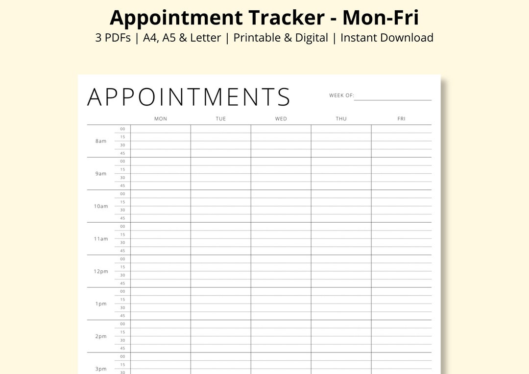 Appointment Tracker Printable, 15 Minute Interval Planner Template, 5 ...