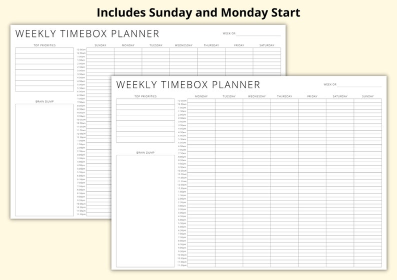 Weekly Timebox Planner, 7 Day Time Blocking Template, Week at a Glance ...