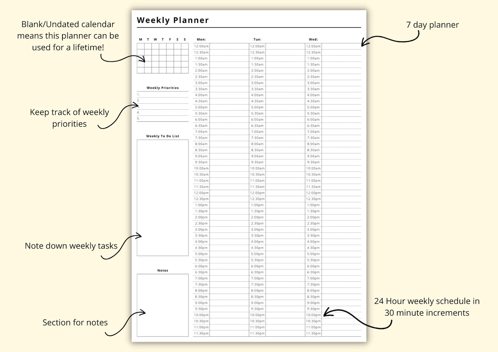 24 Hour Weekly Schedule, Weekly Timetable Sheet, 30 Minute Intervals, 7 ...