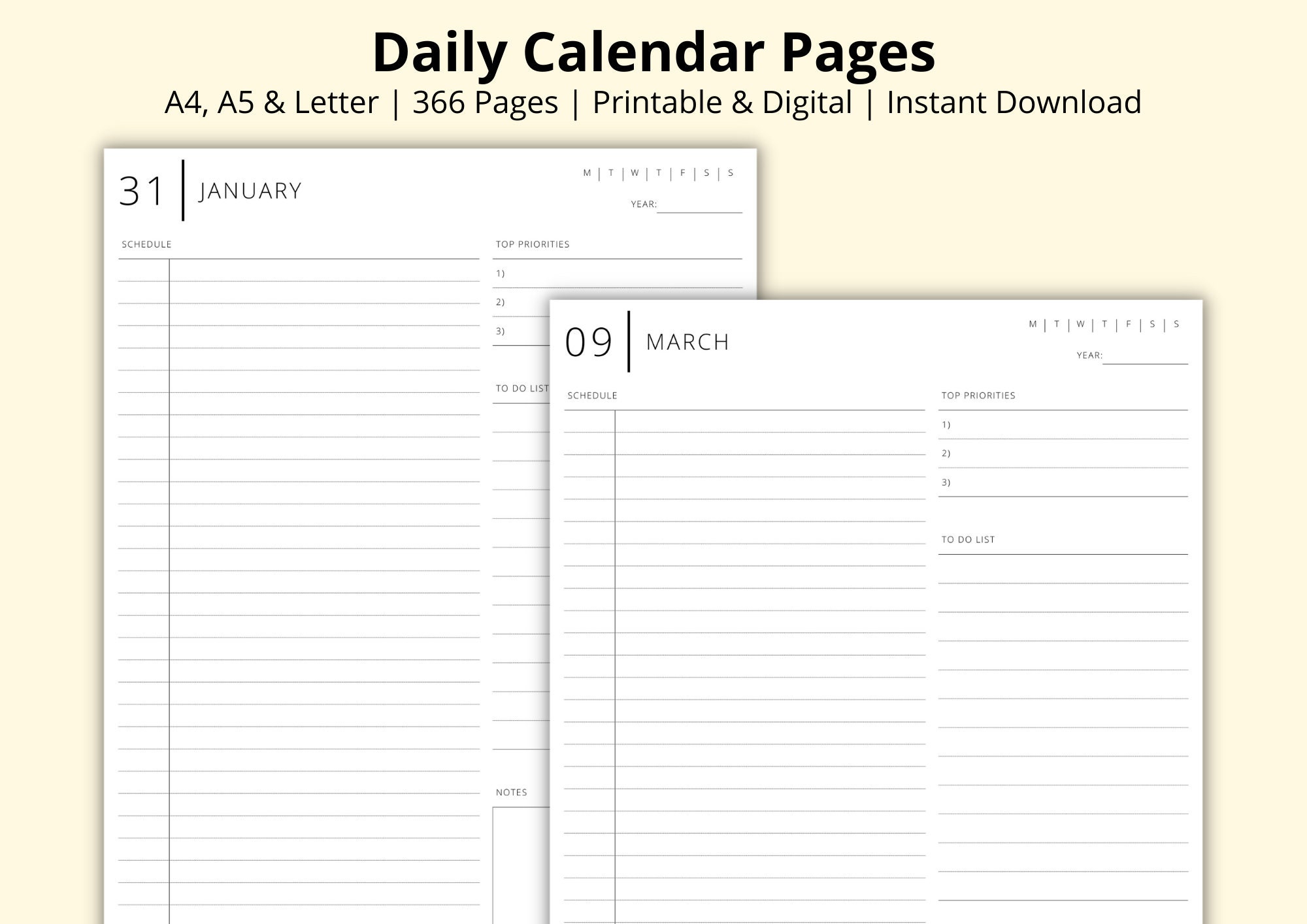 365 Daily Planner Pages, Daily Calendar Template, Blank Schedule, Time ...
