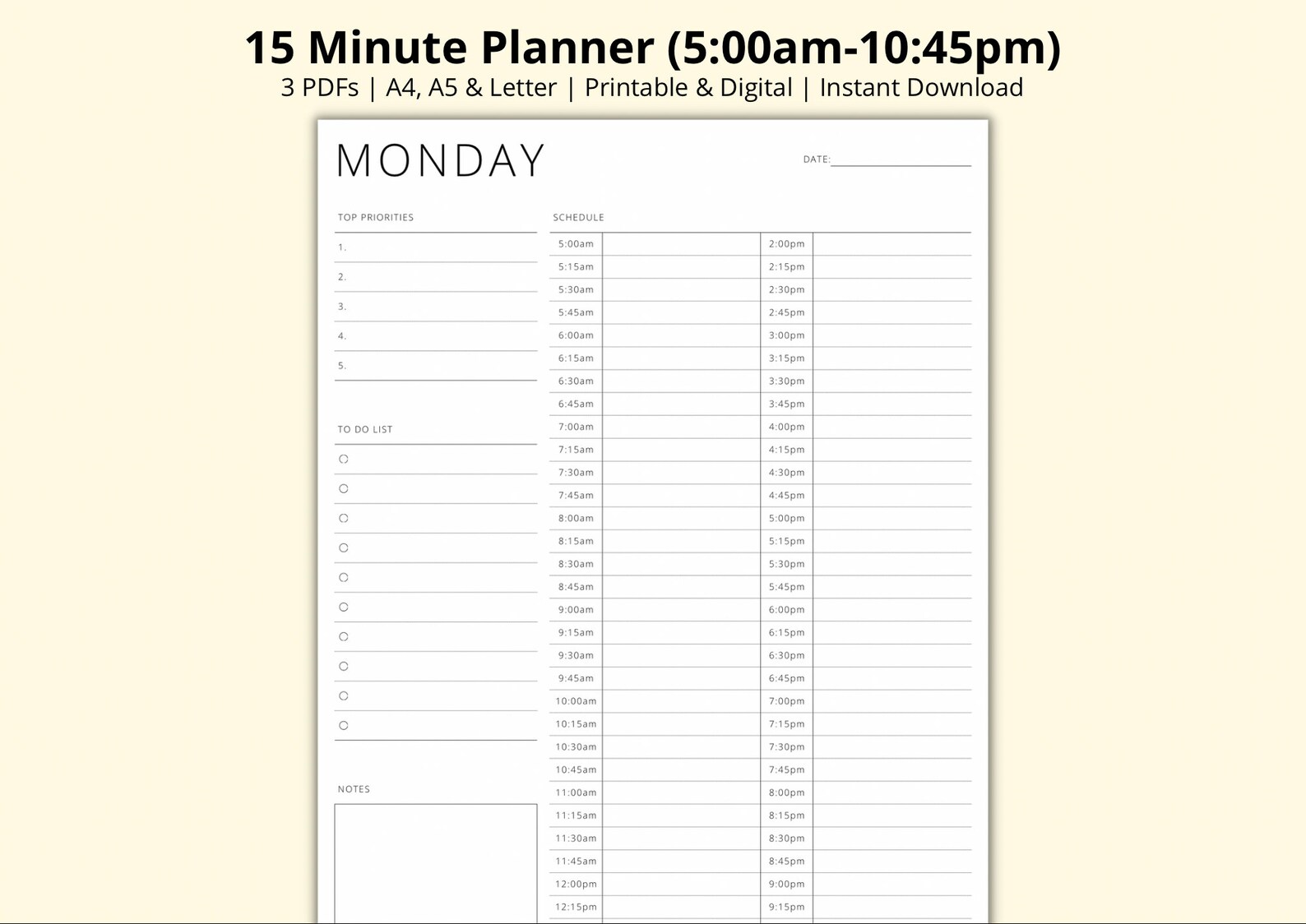 15 Minute Planner, Daily Time Block, Printable Appointment Sheet, 7 Day ...