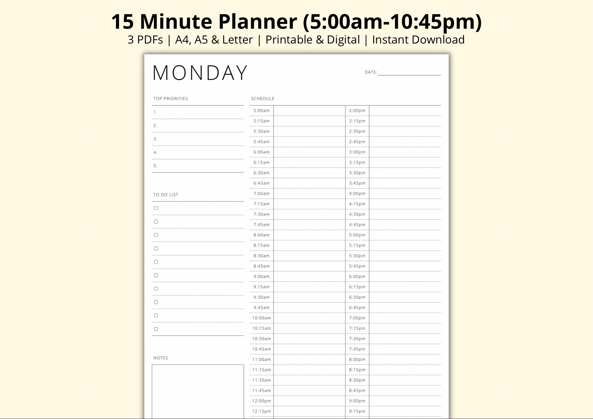 15 Minute Planner, Daily Time Block, Printable Appointment Sheet, 7 Day ...