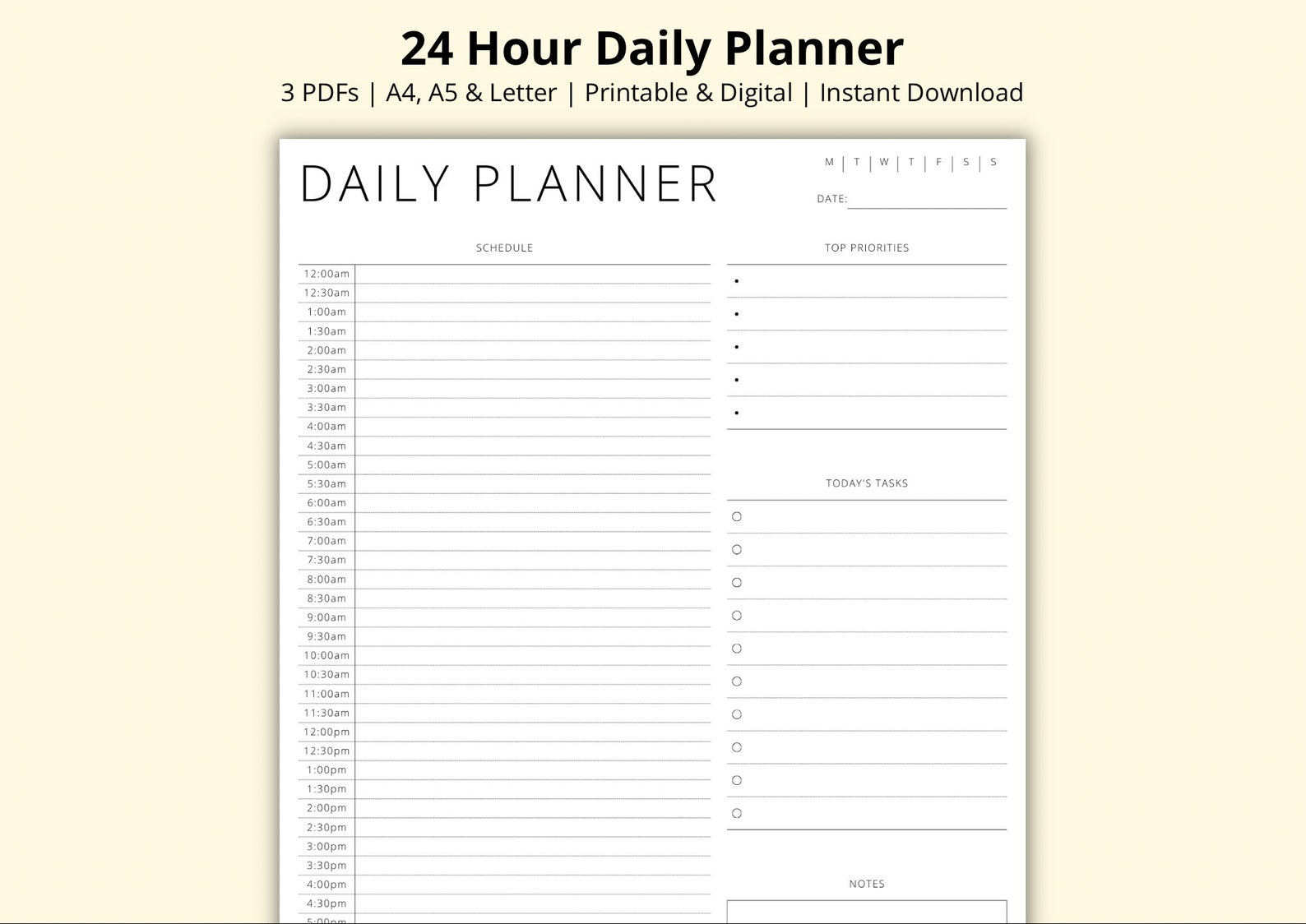 24 Hour Daily Planner, 30 Minute Increment, Hourly Time Blocking PDF ...
