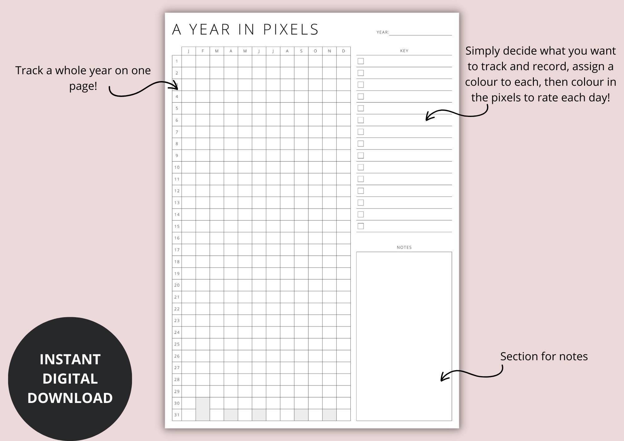 A Year in Pixels, Yearly Mood Tracker PDF, Habit Tracker Sheet, Yearly ...