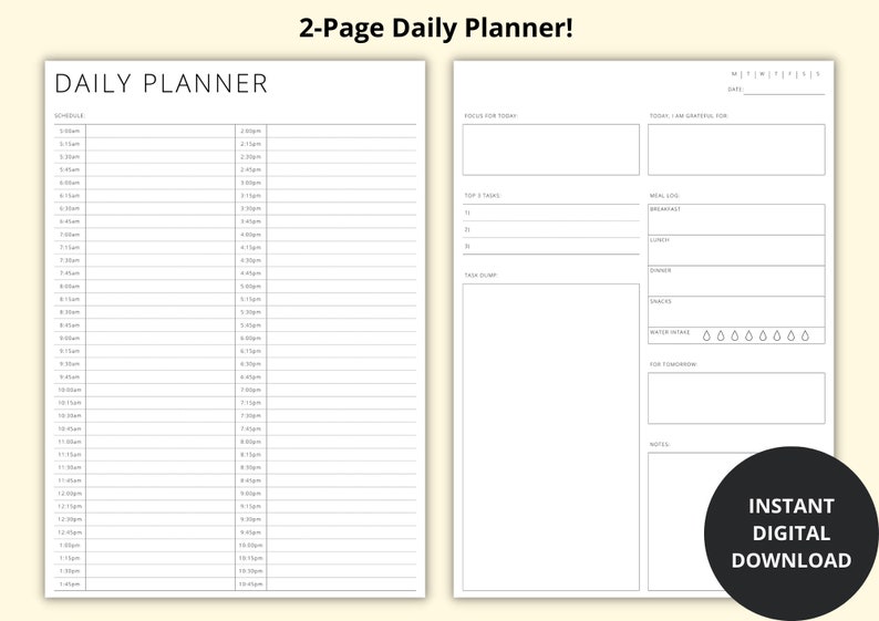 15 Minute Daily Planner Printable, Time Blocking Template, Day on 2 ...