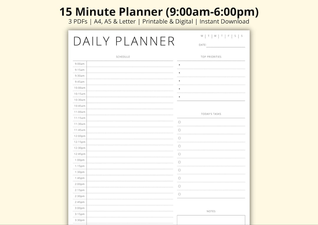 15 Minute Planner Printable, Time Blocking PDF, Day Schedule Template ...