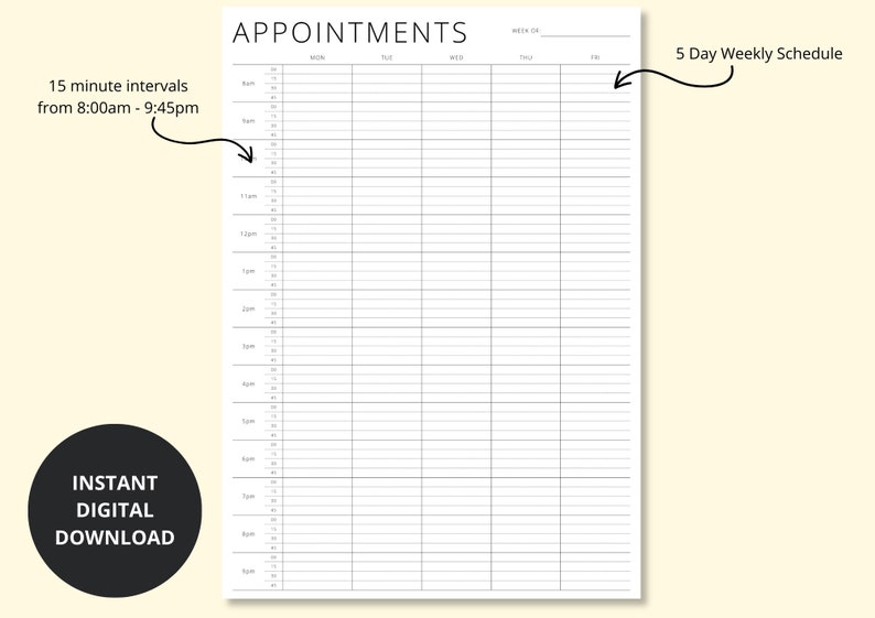 Appointment Tracker Printable, 15 Minute Interval Planner Template, 5 ...