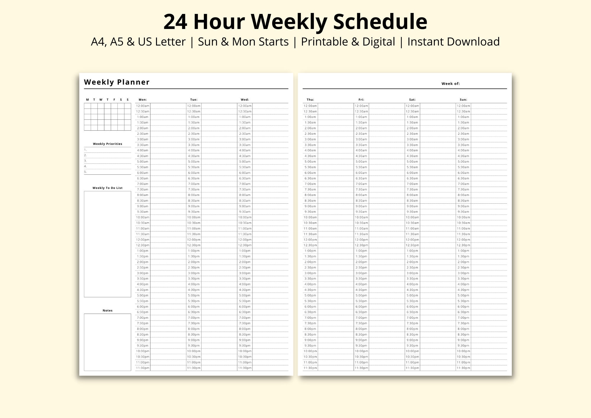 24 Hour Weekly Schedule, Weekly Timetable Sheet, 30 Minute Intervals, 7 ...