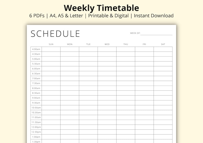 Weekly Timetable 30 Minute Interval Planner Template - Etsy
