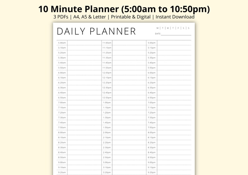 10 Minute Planner Printable, Simple Daily Planner, Time Blocking, Day ...