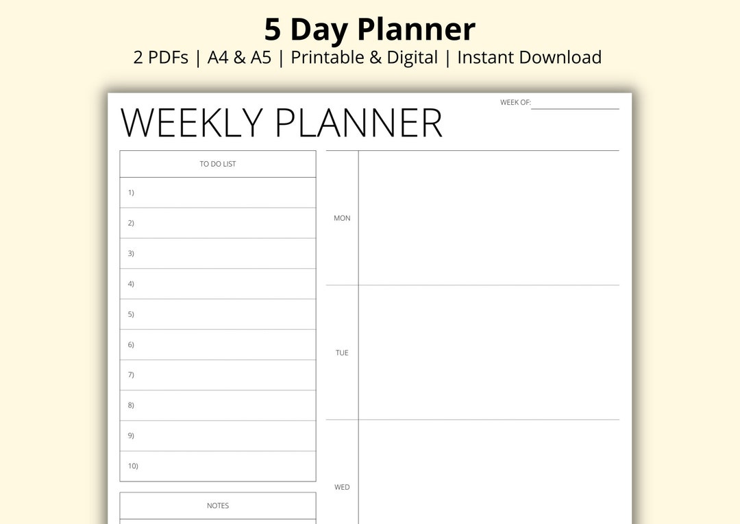5 Day Planner Printable Weekly Planner Week at a Glance - Etsy