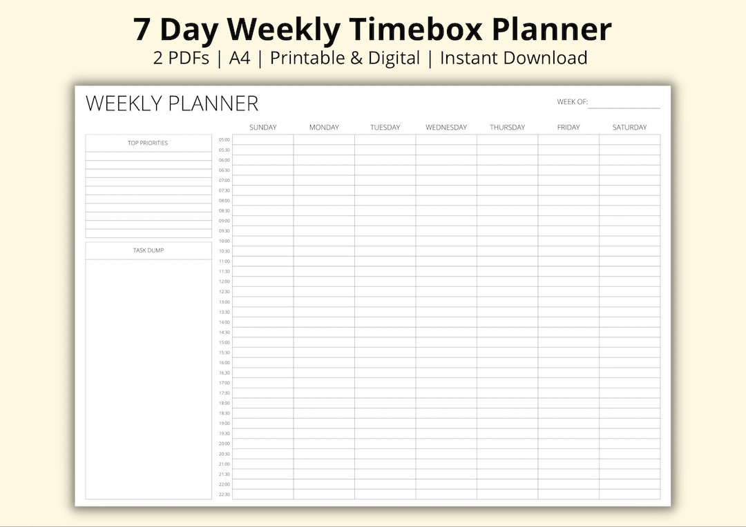 7 Day Weekly Timebox Planner Weekly Time Block PDF Week at a - Etsy