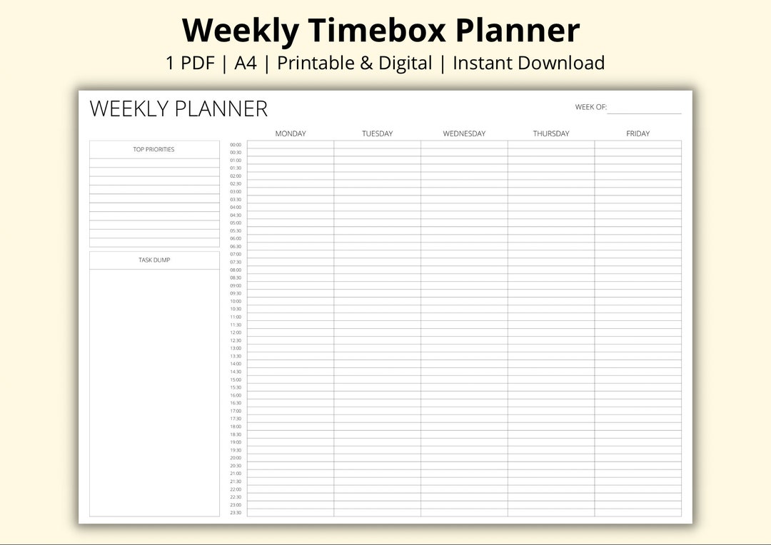 Weekly Timebox Planner 5 Day Time Blocking Template 24 Hour - Etsy