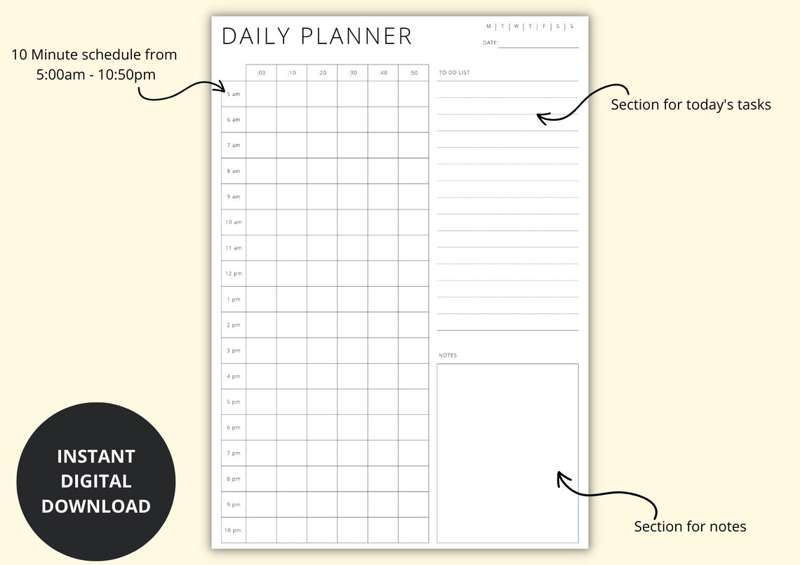 10 Minute Planner, Time Blocking Template, 10 Minute Increments, Daily ...