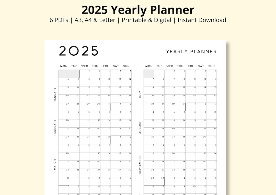 2025 Yearly Planner, Year at a Glance, Annual Planner, 12 Month ...