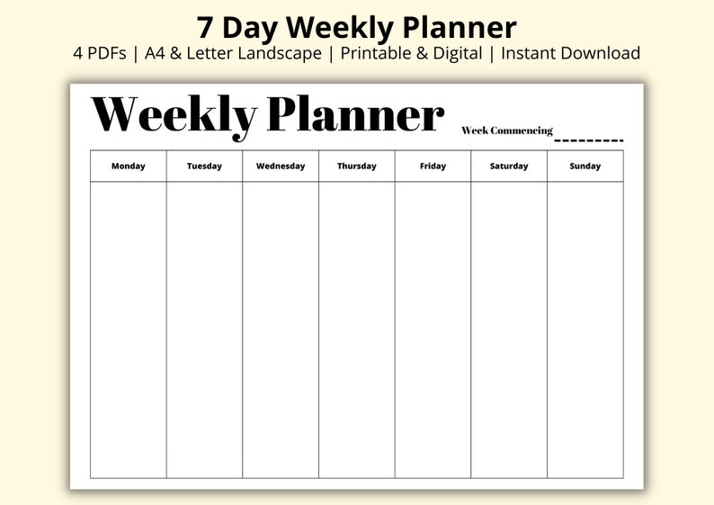 7 Day Weekly Planner, Simple Weekly Overview, Week at a Glance, Weekly ...