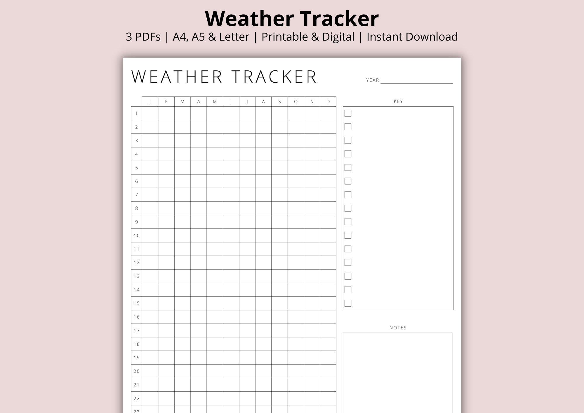Weather Tracker, Temperature Tracker Sheet, Yearly Pixels Tracker ...