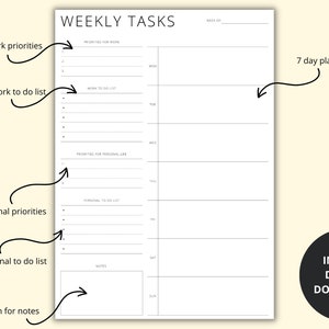 Work From Home Weekly Planner Template, Work Schedule, Week at a Glance ...