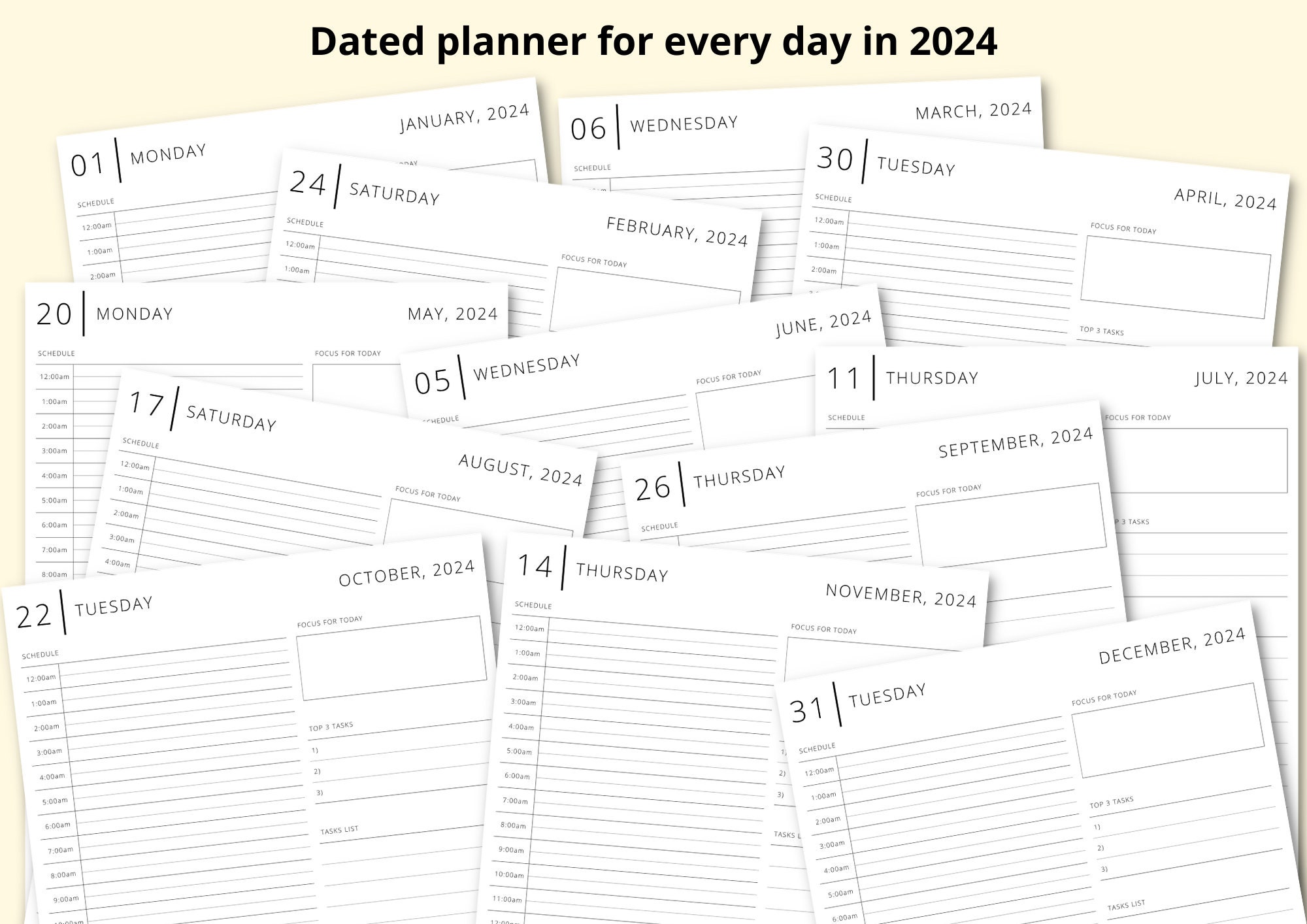 2024 Daily Planner, 2024 Calendar Printable, 24 Hour Schedule, 30 ...