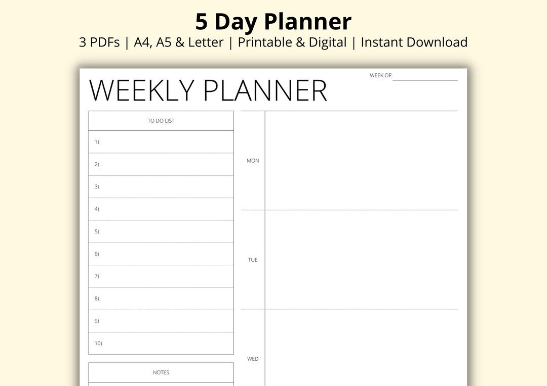 5 Day Planner Weekly Planner Template Week at a Glance - Etsy
