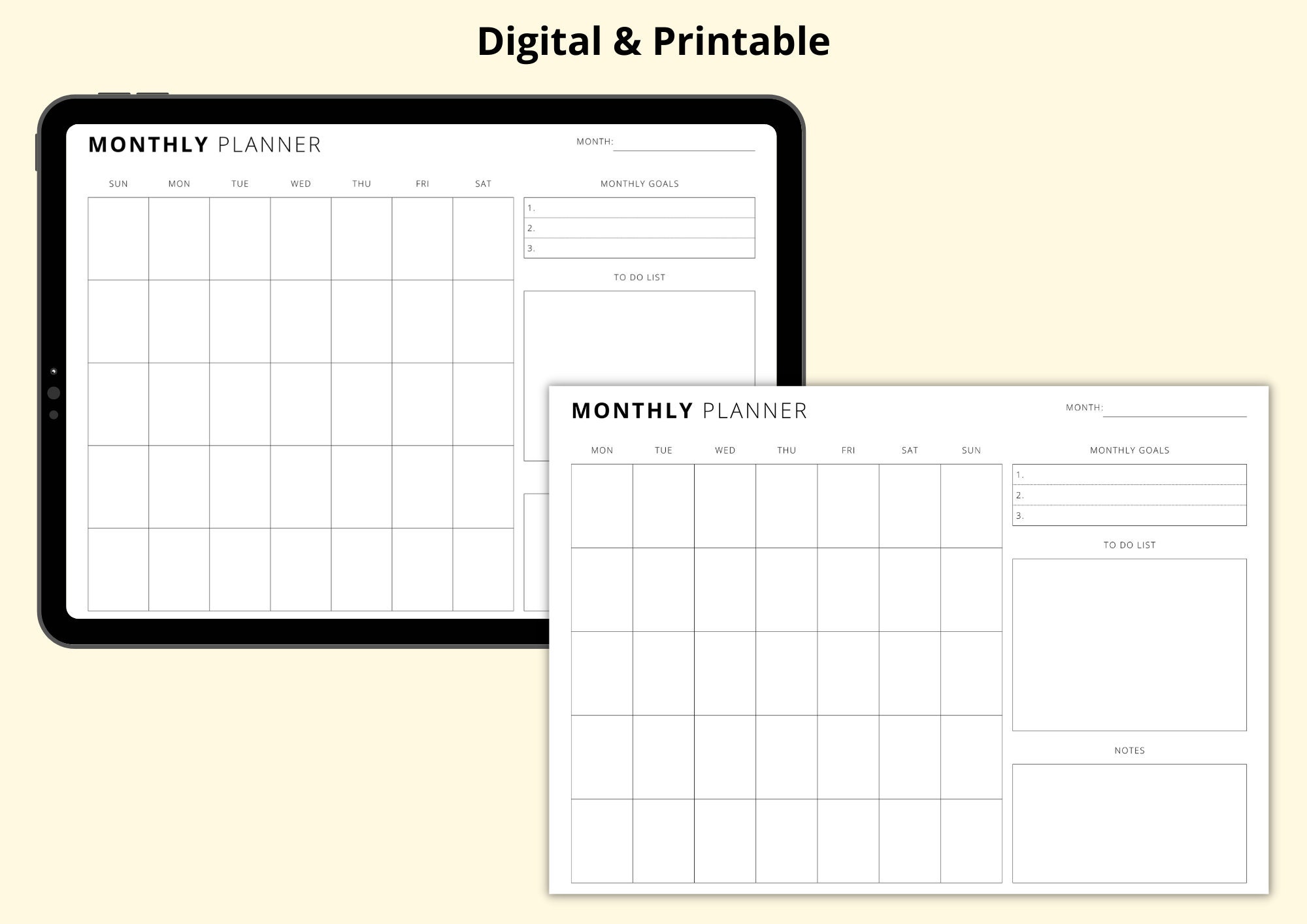 Monthly Planner, Blank Calendar Template, Month Overview, Month at a ...