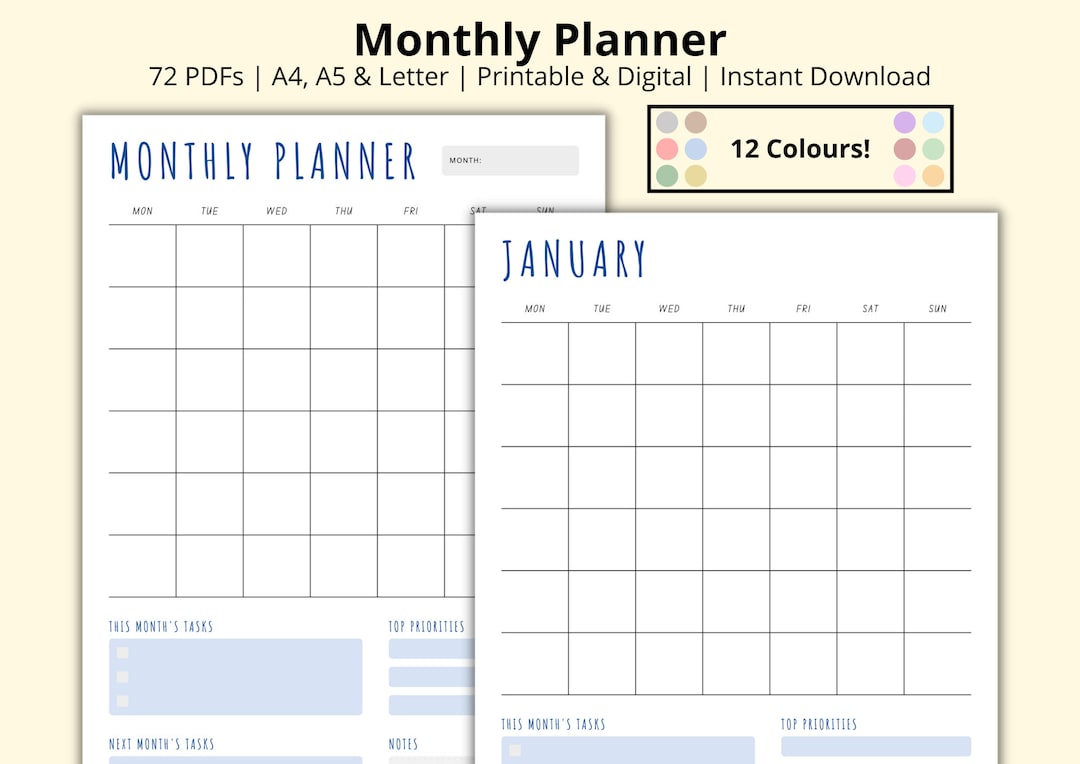Monthly Planner, Blank 12 Month Calendar Template, Month at a Glance ...