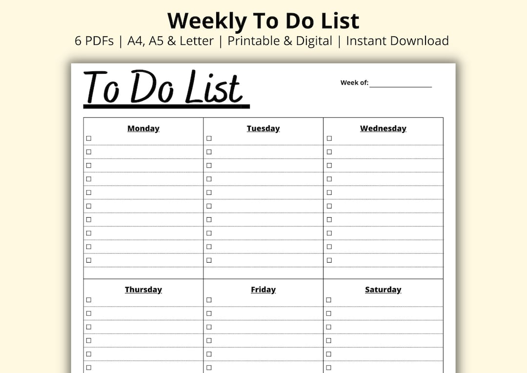 Weekly to Do List, Weekly Checklist, Weekly Tasks List PDF, Blank ...