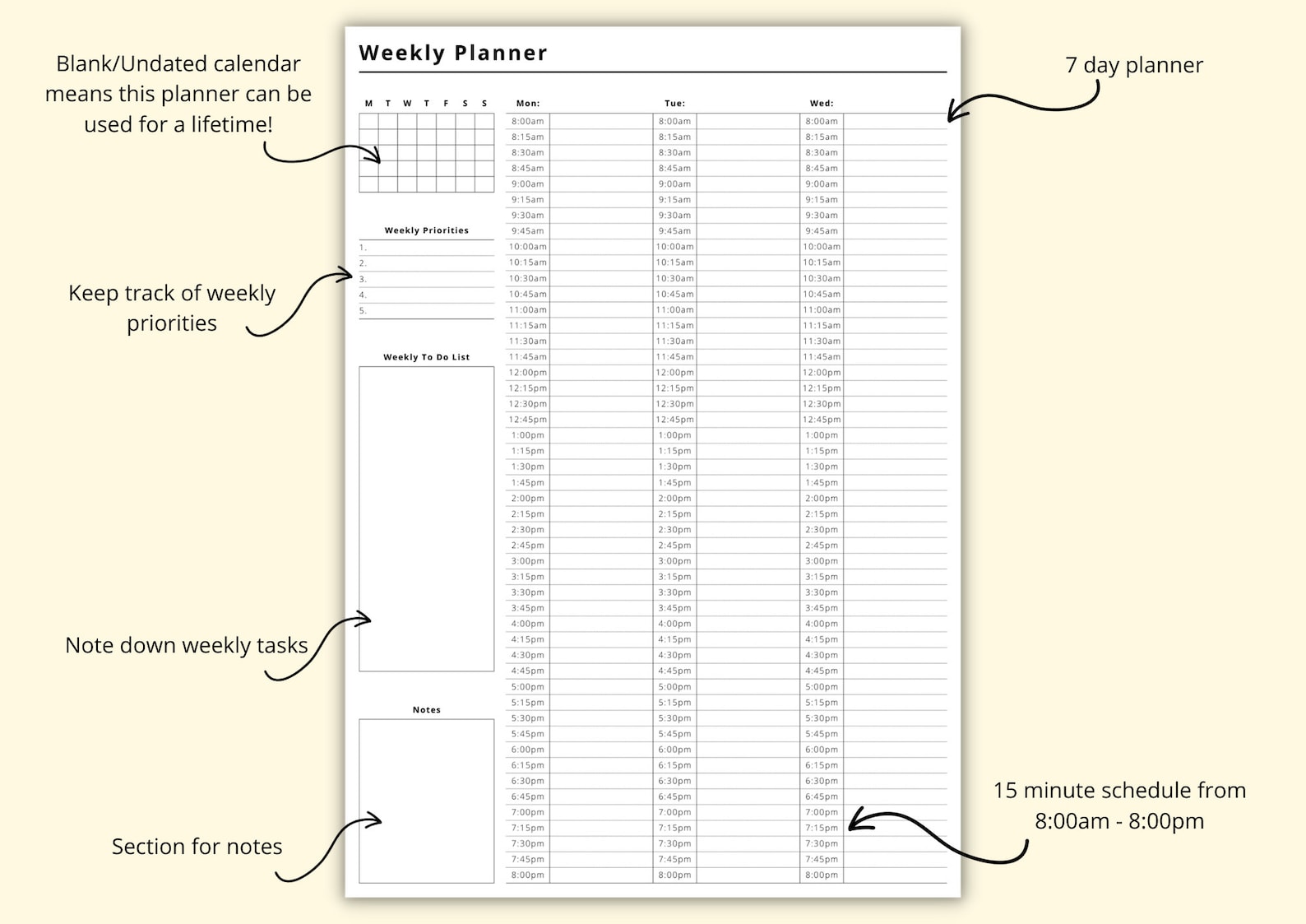 15 Minute Weekly Schedule, Time Blocking PDF, 7 Day Planner, Revision ...