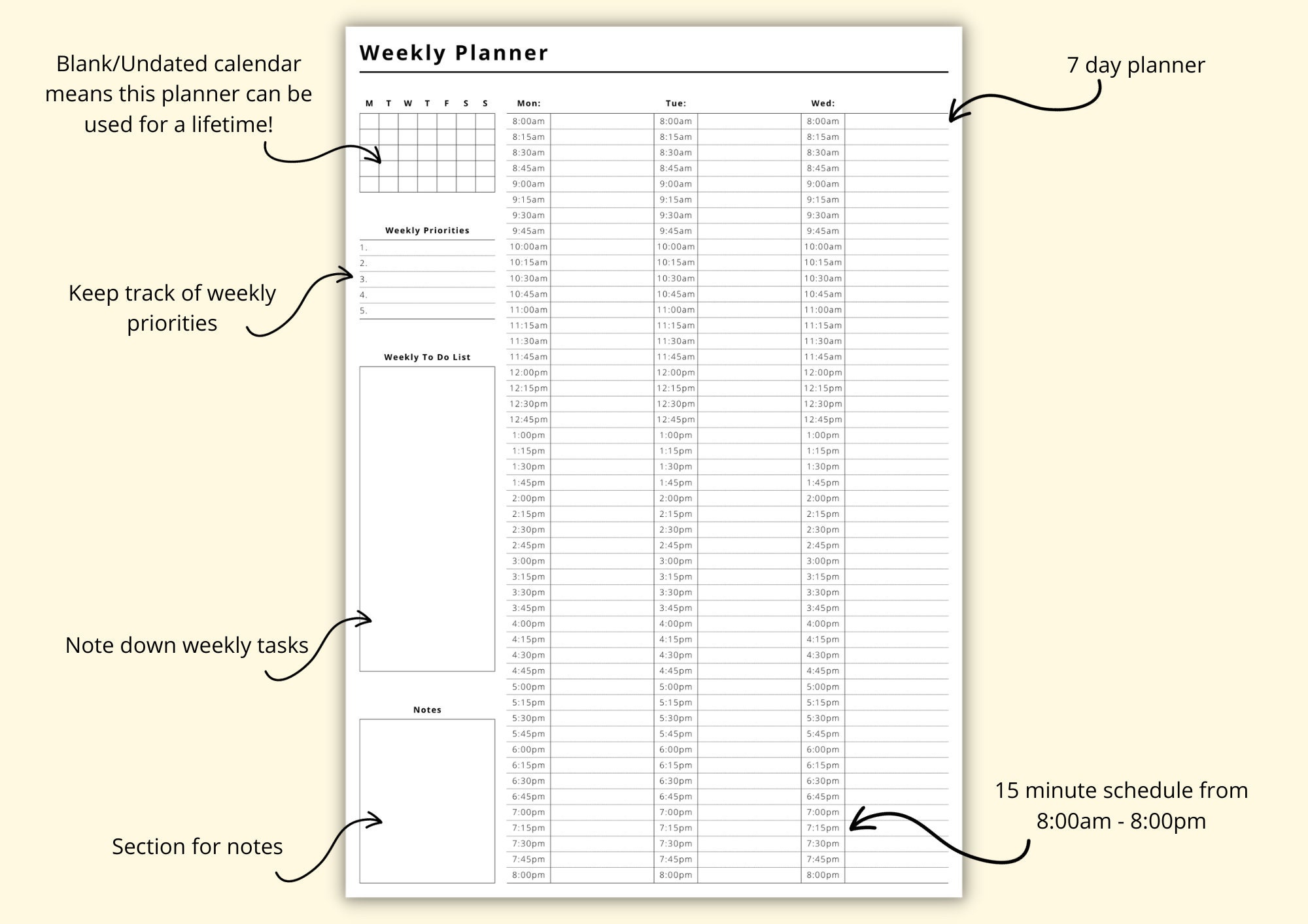 15 Minute Weekly Schedule, Time Blocking PDF, 7 Day Planner, Revision ...