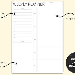 5 Day Planner, Weekly Planner Template, Week at a Glance, Weekly ...