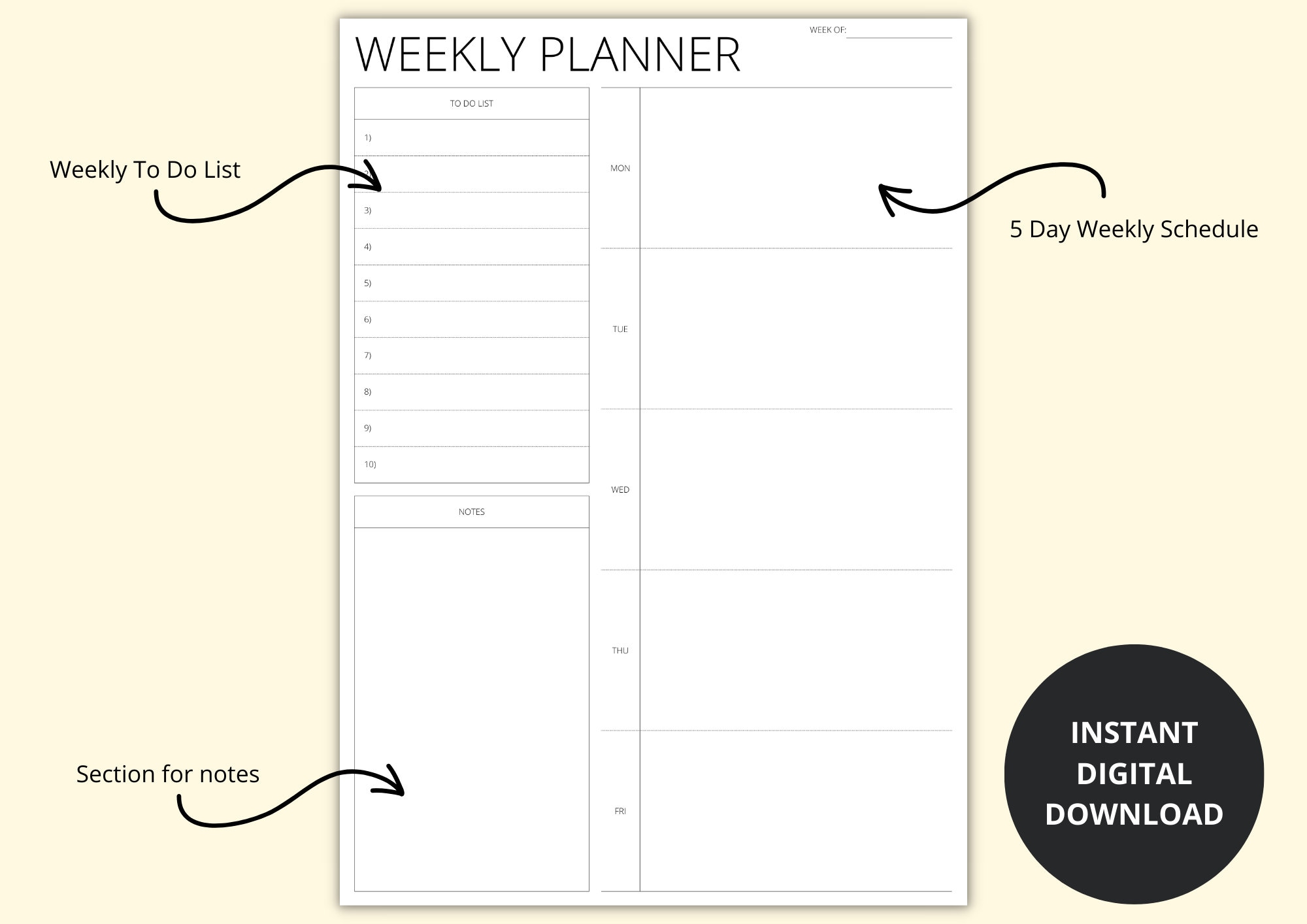 5 Day Planner, Weekly Planner Template, Week at a Glance, Weekly ...