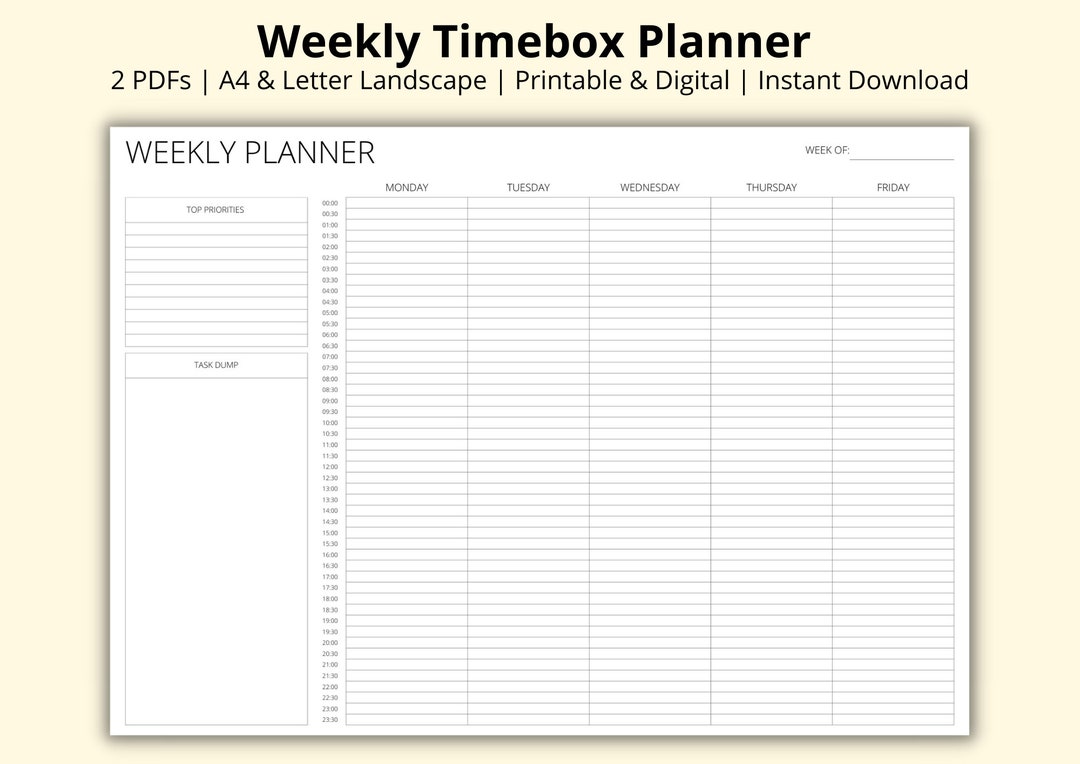 Weekly Timebox Planner, 5 Day Time Blocking Template, 24 Hour Timetable ...